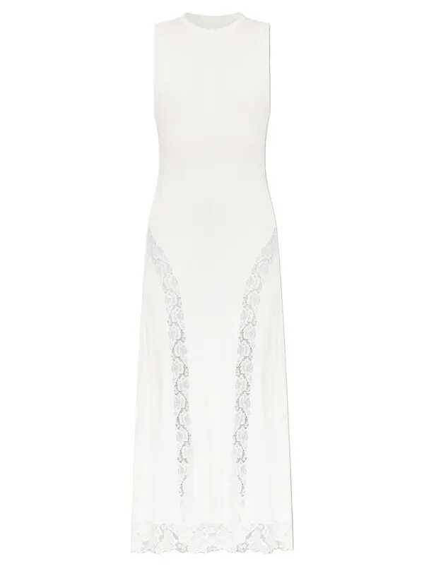 SELF-PORTRAIT Ribbed Midi-length Dress With Lace Insets - White