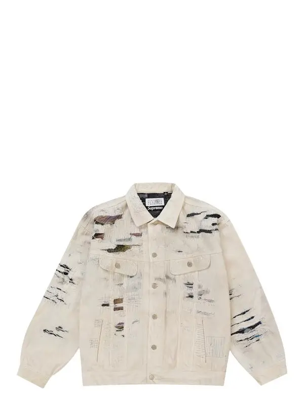 Supreme Mm6 Maison Margiela Distressed Selvedge Denim Trucker Jacket - White