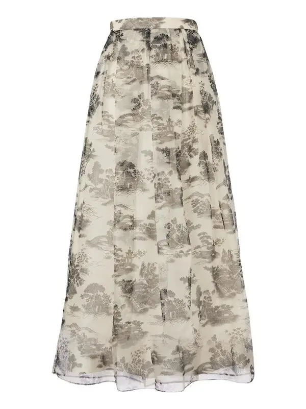 Max Mara Elegante Sabbia Printed Silk Organza Maxi Skirt - White