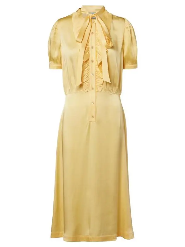 Prada Ruffled Tie-neck Satin Midi Dress - Yellow