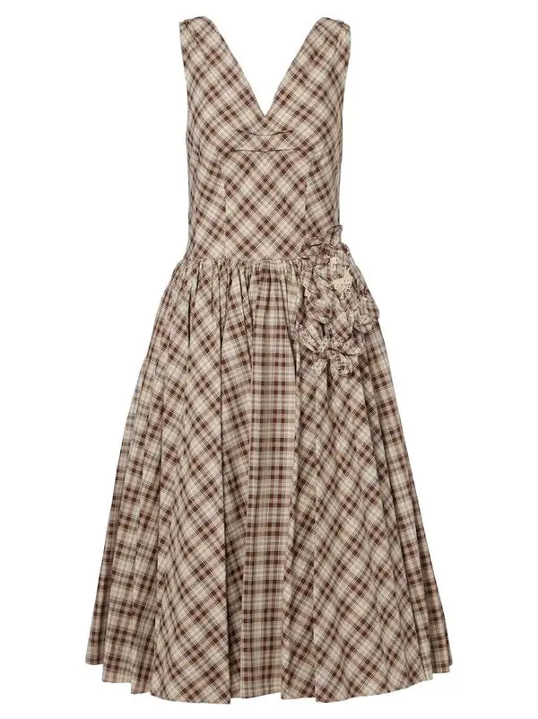 Prada Checked Cotton Poplin Midi Dress - Brown