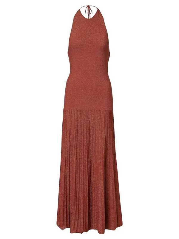 Faithfull The Brand Plissé Halterneck Cotton-blend Maxi Dress - Brown
