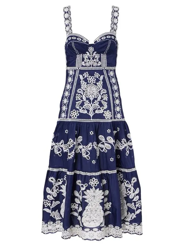 Farm Rio Embroidered Cotton Midi Dress - Blue