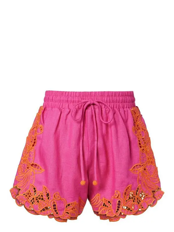 Farm Rio Embroidered Linen Shorts - Pink