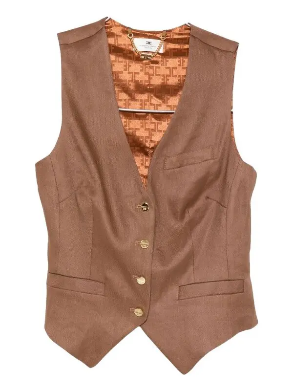 Elisabetta Franchi Linen-blend Button Detailed Vest - Brown