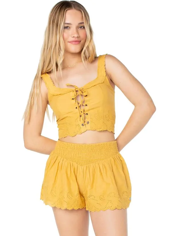 Roxy Haze Lace-up Top - Amber Gold Solid