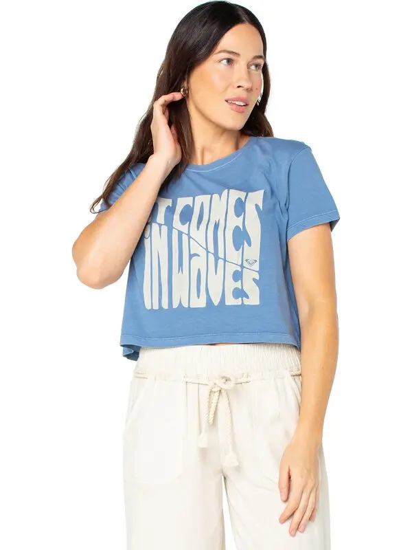 Roxy Cropped Boxy Tee - Captains Blue Comes In Waves