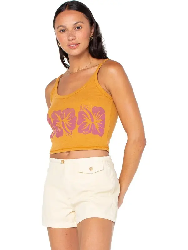 Roxy Flower Graphic Ribbed Tank - Buckthorn Brown Flower Block