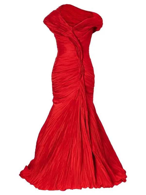 MARMAR HALIM One-shoulder Plissé Chiffon Gown - Red