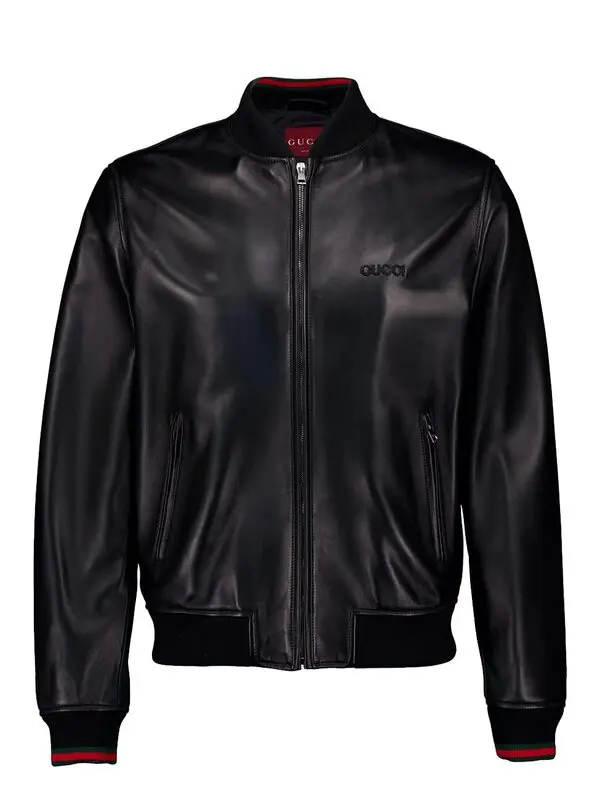 Gucci Leather Bomber Jacket With Web - Black
