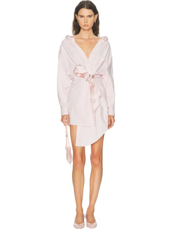 AREA Satin Knot Oxford Shirt Dress - Light Pink