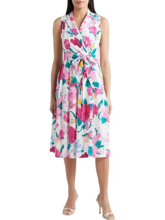 Anne Klein Floral Print Eyelet Midi Wrap Dress - Crispt White Multi