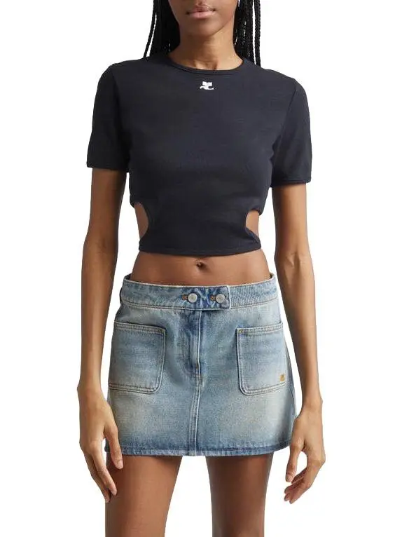 COURREGES Ribbon Cutout Crop Rib T-shirt - Black