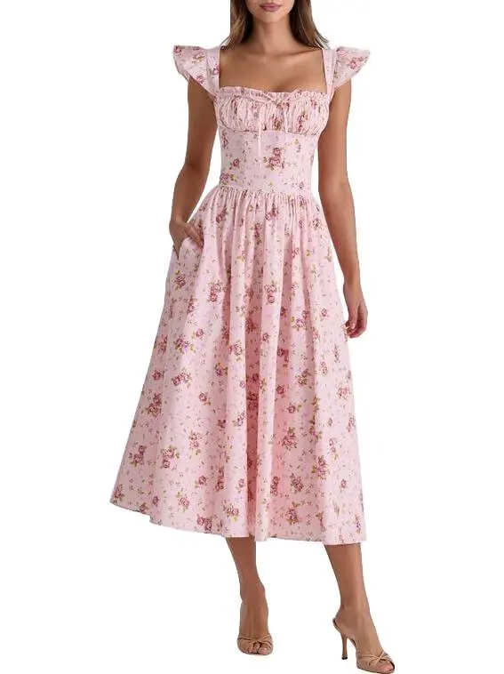 House Of Cb Stretch Cotton Midi Dress With Rose Print - Pink Vintage