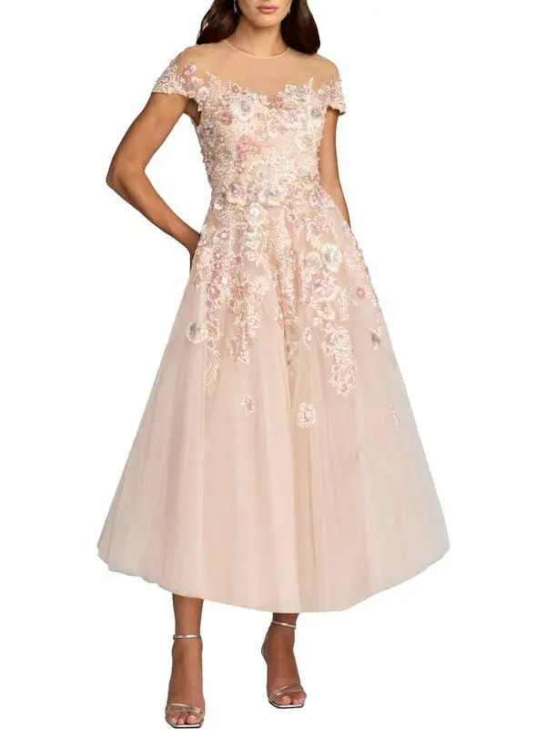 Mac Duggal Embroidered Tulle Gown With Illusion Neckline - Blush Multi