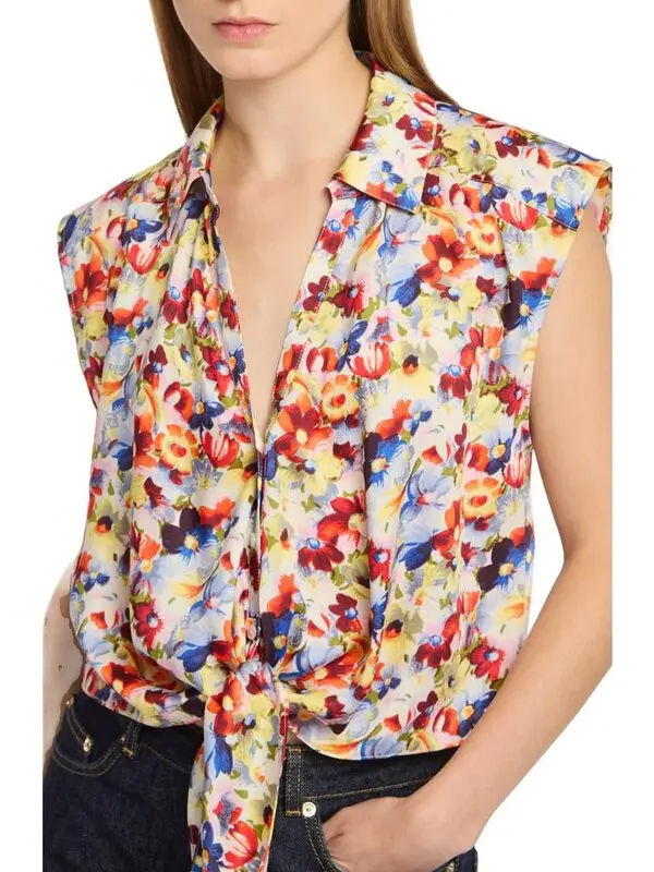 Cinq À Sept Wildflower Bunch Tie Front Crop Button-up Shirt - Gardenia Multi