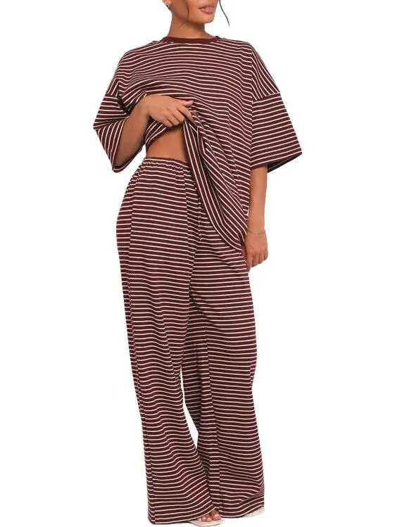 PETAL & PUP Striped Knit Wide Leg Pants - Burgundy Cream Stripe