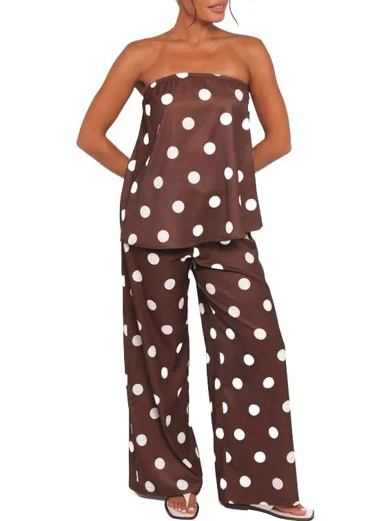 PETAL & PUP Polka Dot Strapless Top & Wide Leg Pants Set - Brown Polka Dot