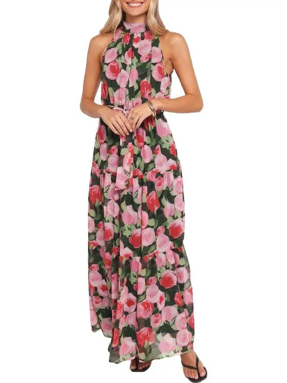 PETAL & PUP Caroline Floral Halter Neck Maxi Dress - Black Floral