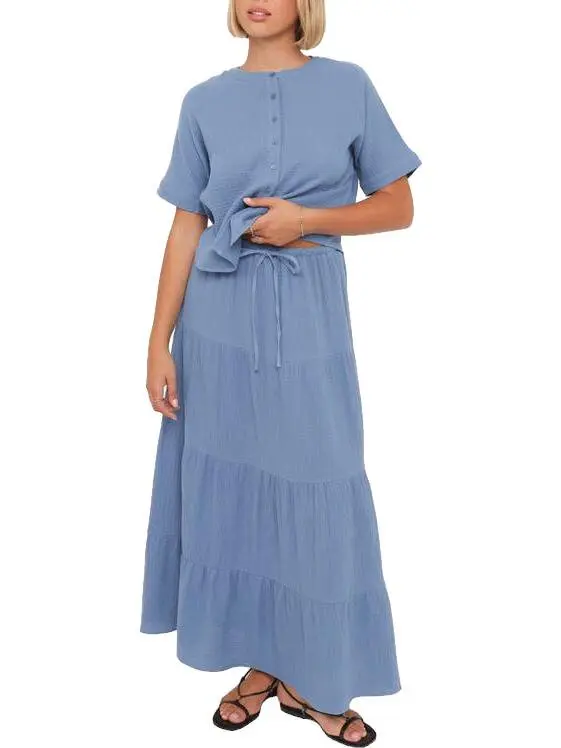 PETAL & PUP Cotton Gauze Button-up Top And Maxi Skirt Set - Denim Blue