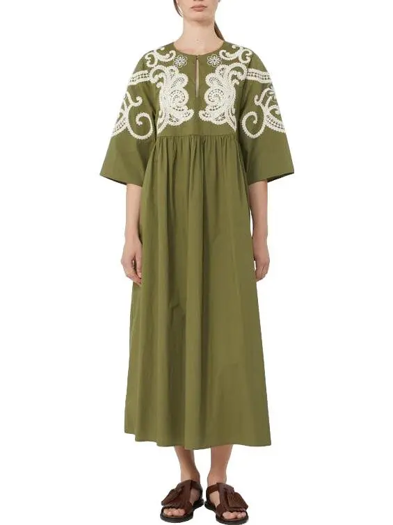 Max Mara Tilde Embroidered Yoke Cotton Dress - Khaki