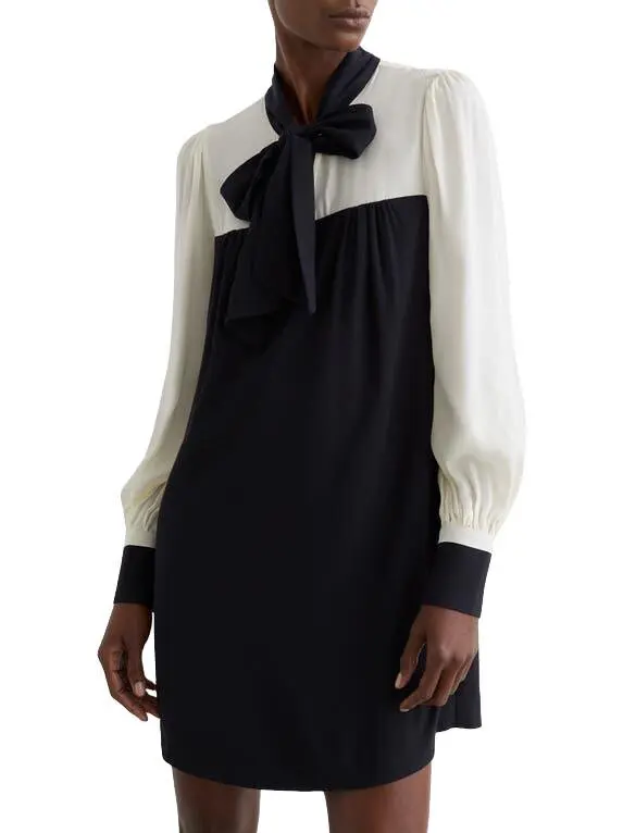 REISS Cam Tie-neck Shift Dress - Navy/ivory