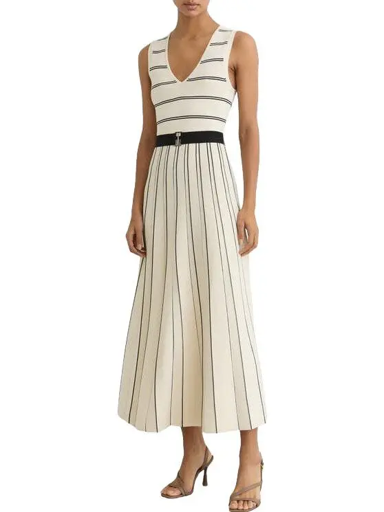 REISS Mallory Sleeveless Stripe Knit Midi Dress - Ivory/black