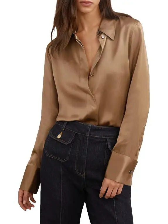 REISS Ameira Silk Shirt - Camel