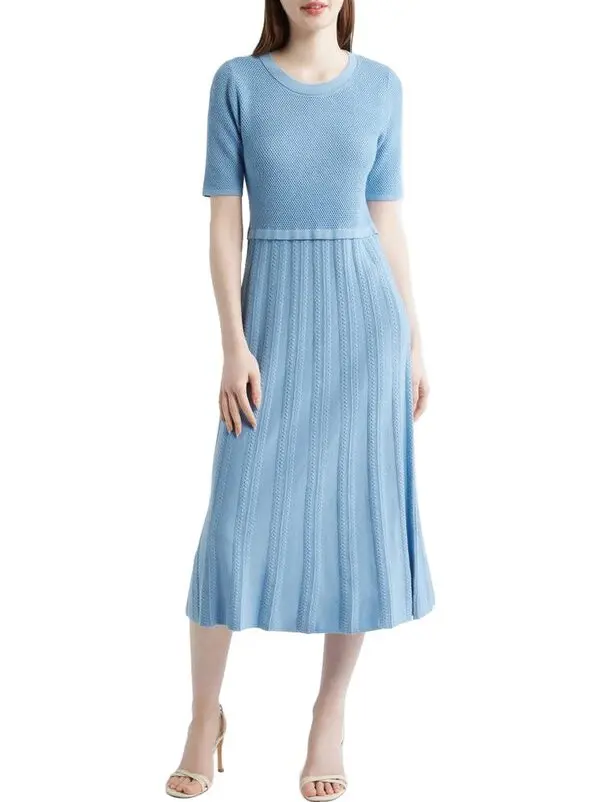 Elie Tahari Vesper Mixed Stitch Midi Sweater Dress - Fountain Blue