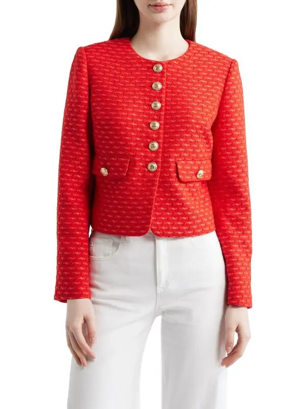 Elie Tahari Marlena Metallic Tweed Jacket - Poppy Glow Tweed