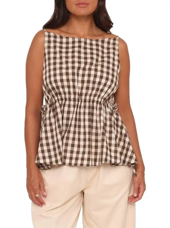 PETAL & PUP Gingham Cotton Peplum Tank - Brown Gingham