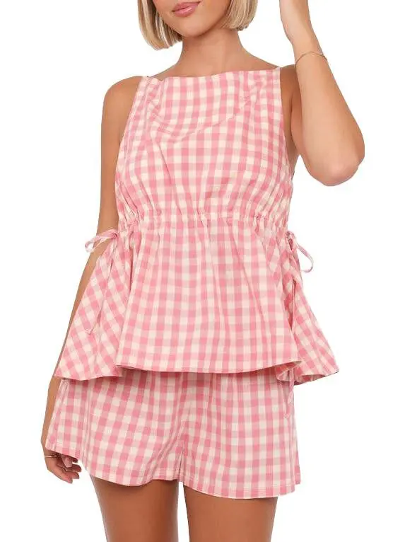 PETAL & PUP Gingham Cotton Peplum Tank - Pink Gingham