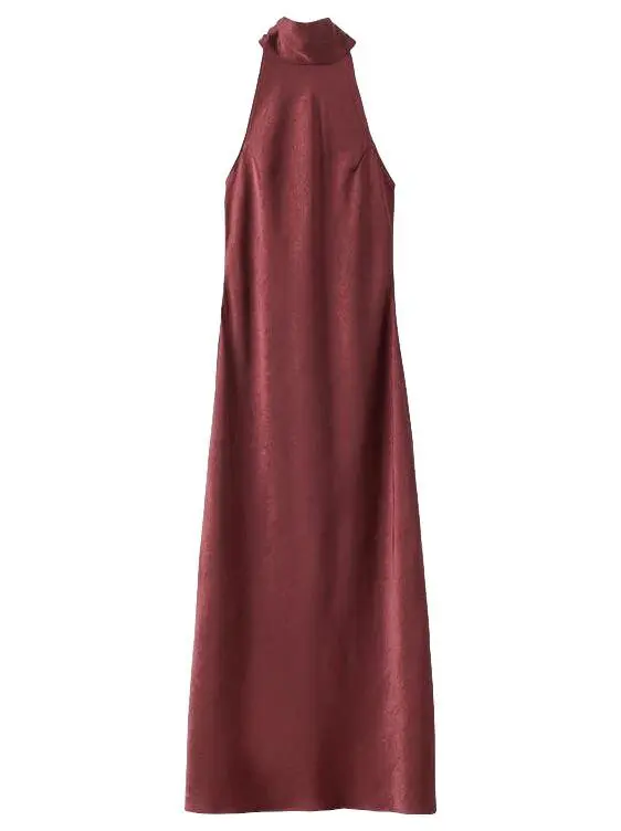 Mango Sleeveless Crinkle Satin Maxi Dress - Burgundy