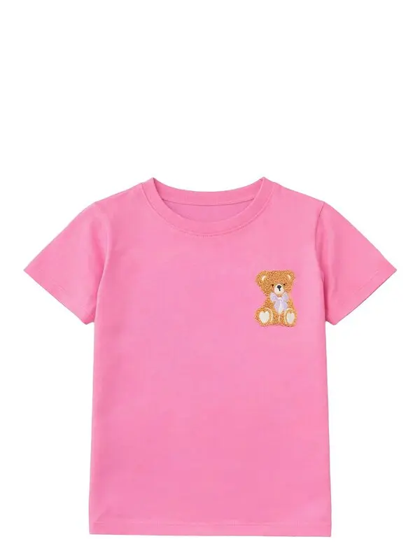 PREPPY GOOSE Teddy Embroidery Short Sleeve T-shirt - Fuschia