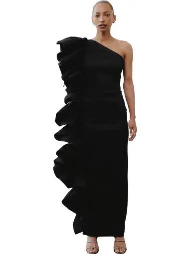 SEZ Sevilla Dress One Shoulder Taffeta Gown With Ruffles - Black