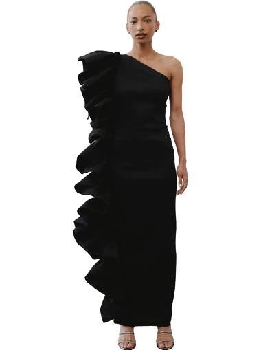 SEZ Sevilla Dress One Shoulder Taffeta Gown With Ruffles - Black