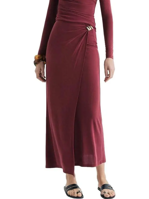 SCALPERS Midi Cupro Skirt With Brooch - Cherry