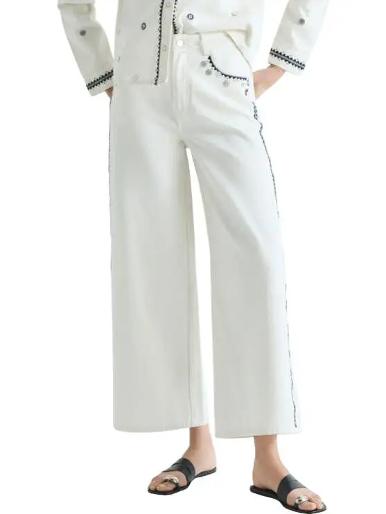 SCALPERS Contrast Embroidered Wide Leg Jeans - Ecru