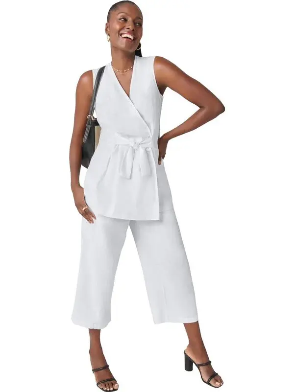 JESSICA LONDON Sleeveless Faux Wrap Tunic With Tie Waist - White