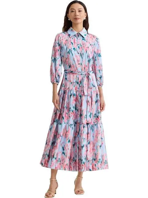 Misook Printed Floral Crepe De Chine Tiered Maxi Dress - Pink/blue/biscotti/black