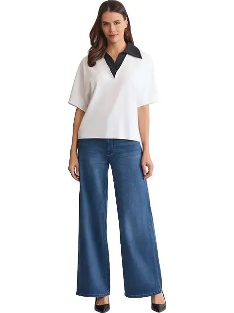 Misook Mixed Media Soft Knit Shirt With Contrasting Collar - White