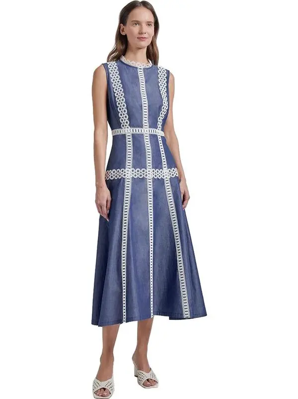 Misook Fit & Flare Cotton Eyelet Trim Maxi Dress - Mazarine/white