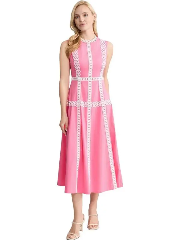 Misook Fit & Flare Cotton Eyelet Trim Maxi Dress - Pink