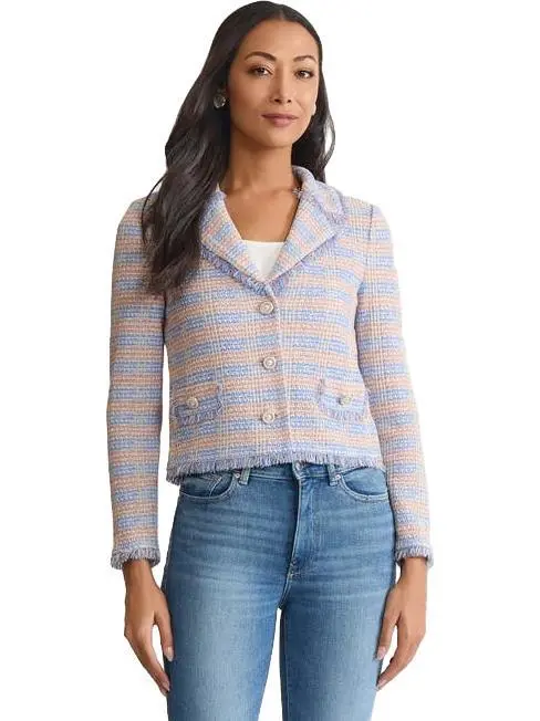 Misook Plaid Fringe Trim Knit Jacket - Tranquil Blue