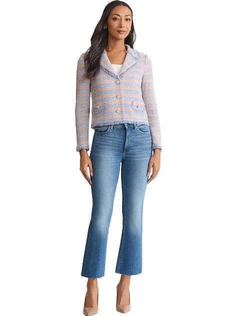 Misook Plaid Fringe Trim Knit Jacket - Tranquil Blue