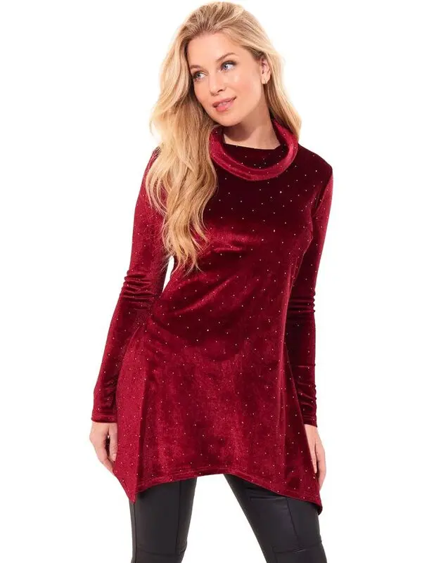 JOE BROWNS Rhinestone Velvet Cowl Neck Tunic - Red Wine