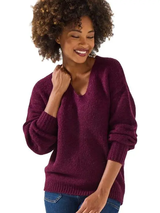 JOE BROWNS V-neck Pullover Sweater With Dropped Shoulders And Blouson Sleeves - Merlot