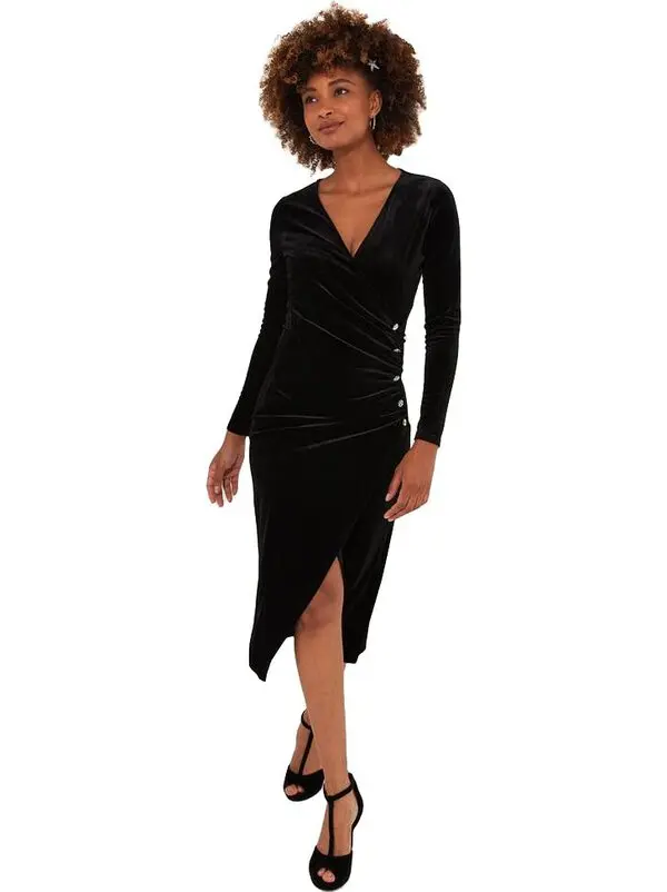 JOE BROWNS Velvet Faux Wrap Midi Dress With Crystal Embellishments - Black