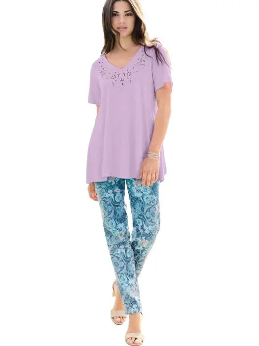 Roaman's Eyelet Trim V-neck Swing Tee - Pale Lavender