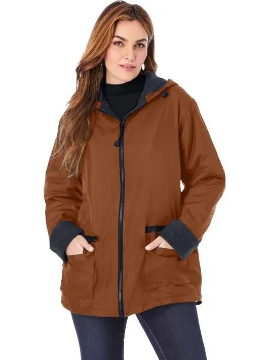 Roaman's Hooded Fleece-lined Nylon Jacket - Cognac